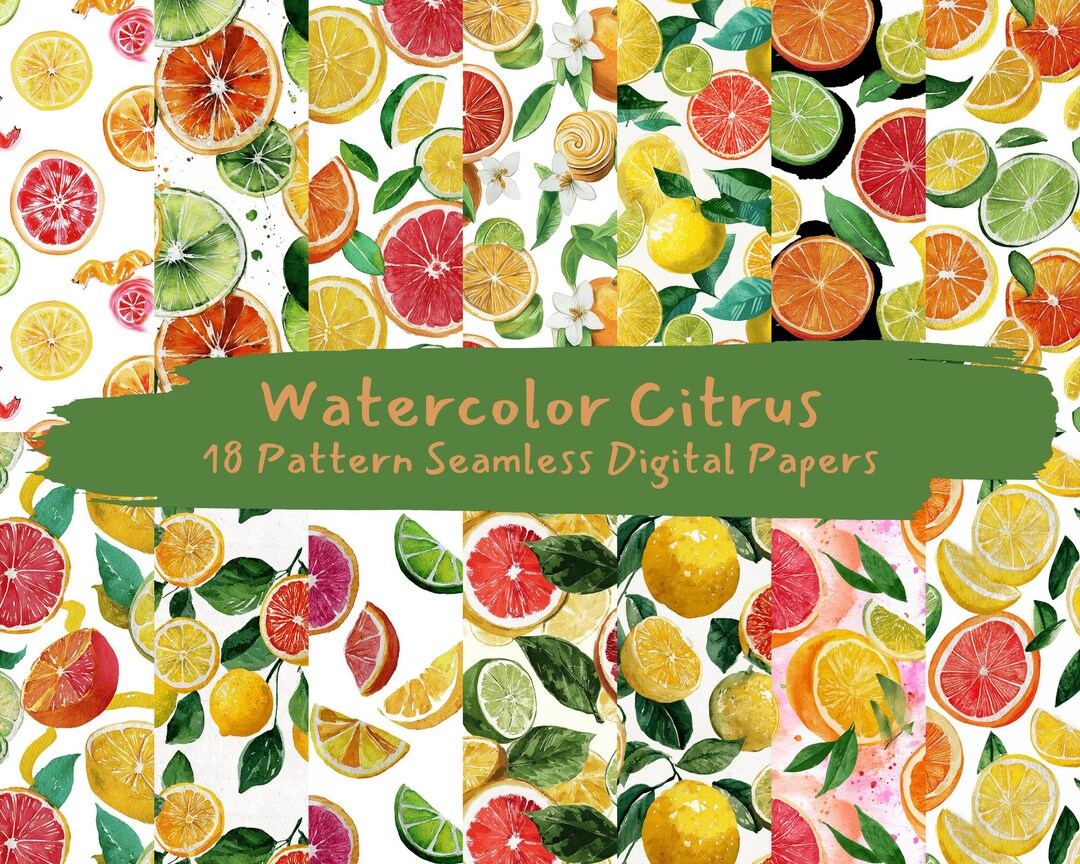 Watercolor Citrus Pattern Seamless Digital Papers - Printable Scrapbook ...