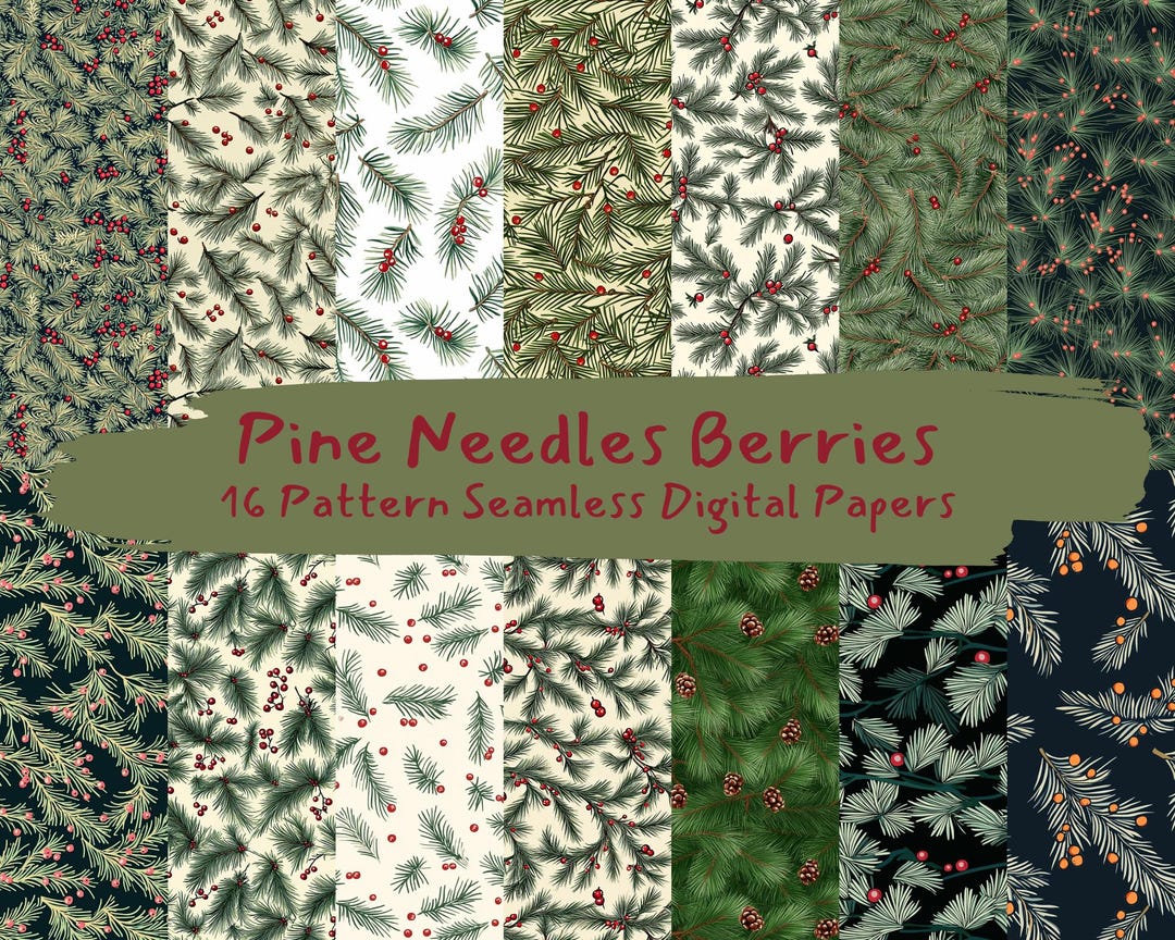 Pine Needles Berries Pattern Seamless Digital Papers - Printable ...
