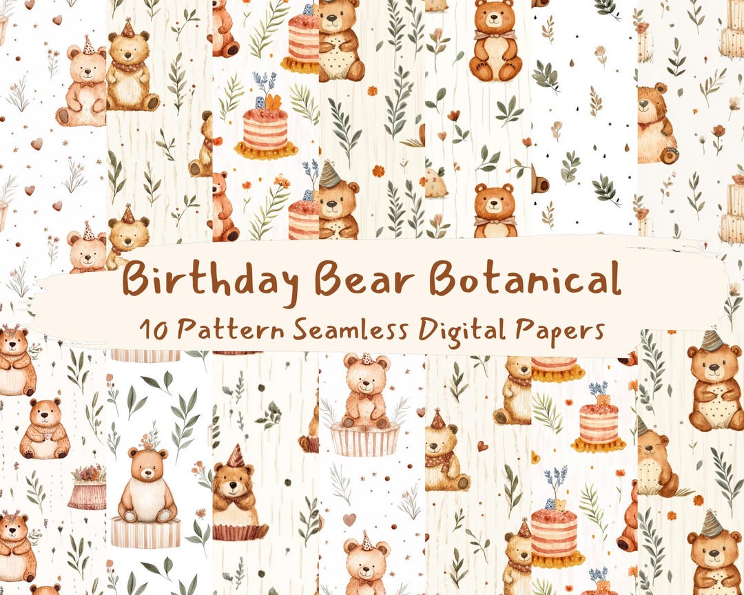 Birthday Bear Botanical Pattern Seamless Digital Papers - Printable ...
