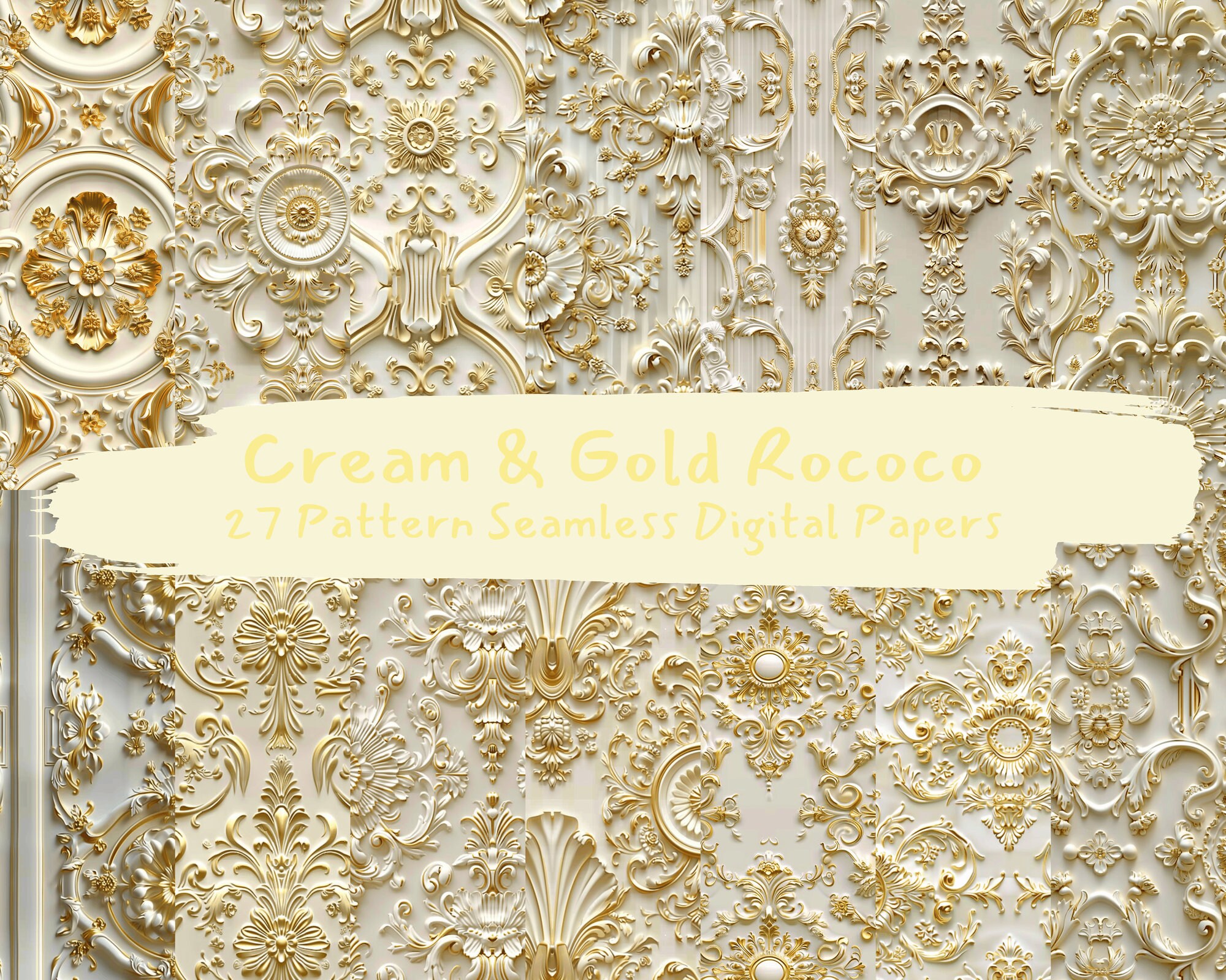 Cream & Gold Rococo Pattern Seamless Digital Papers Printable Scrapbook ...