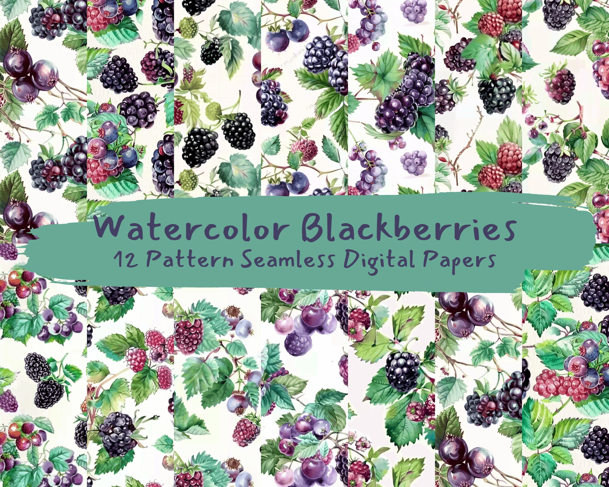 Watercolor Blackberries Pattern Seamless Digital Papers - Printable ...