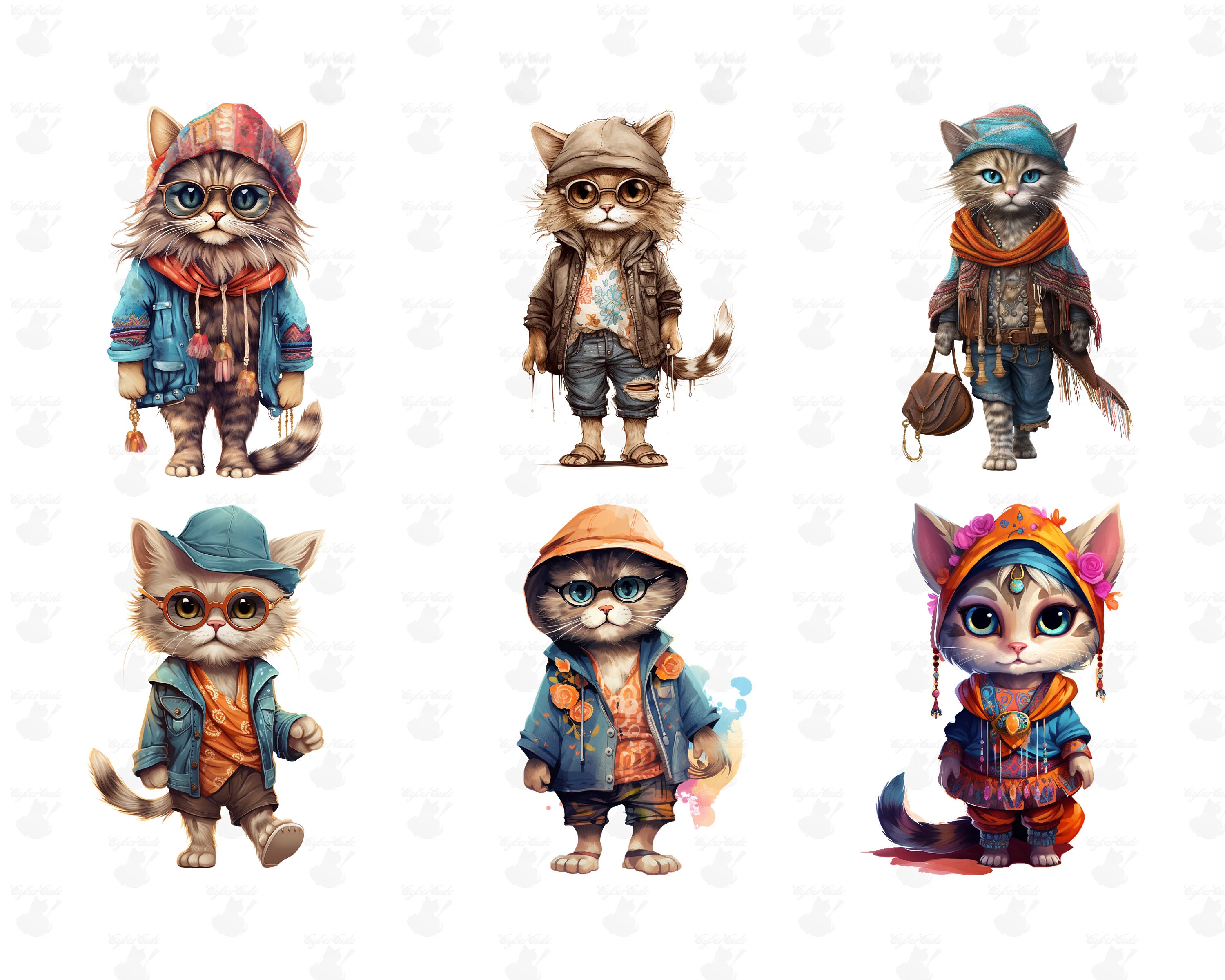 Bohemian Cat, Digital Printable Clip Art Graphics in PNG Format ...