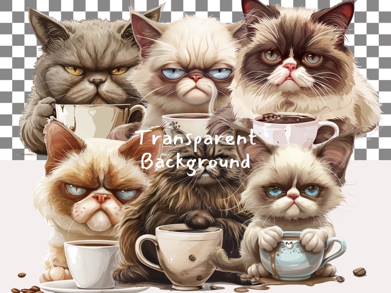 Grumpy Cat Coffee Digital Printable Clipart Bundle in PNG Format Transparent Background Instant ...