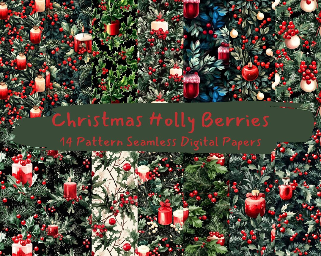Christmas Holly Berries Pattern Seamless Digital Papers - Printable ...