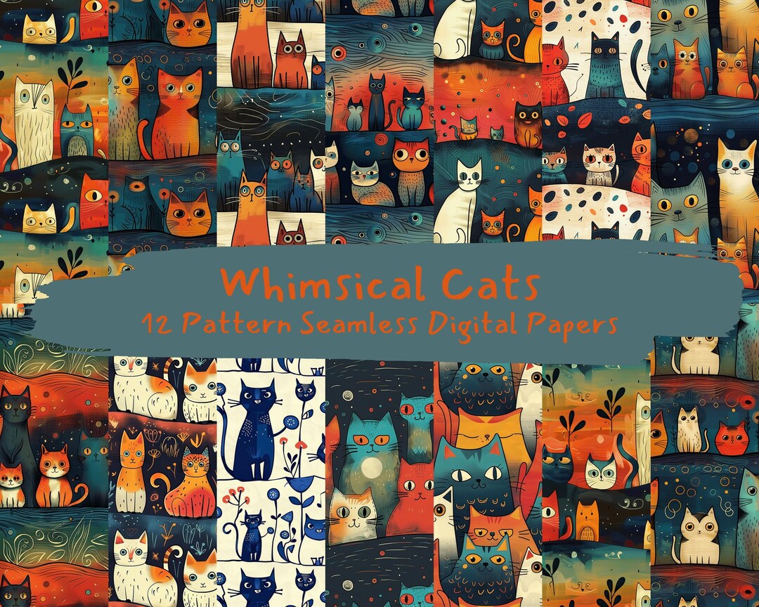 Whimsical Cats Pattern Seamless Digital Papers - Printable Scrapbook ...
