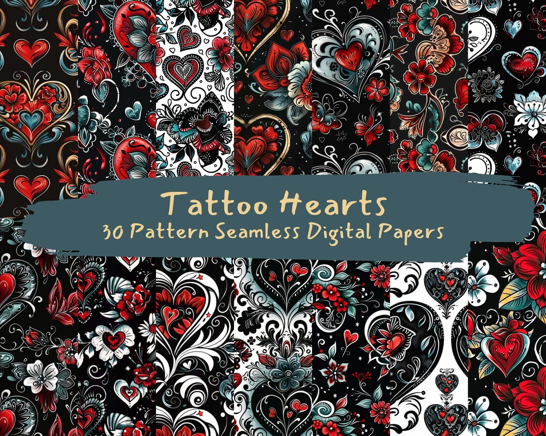Tattoo Hearts Pattern Seamless Digital Papers - Printable Scrapbook ...
