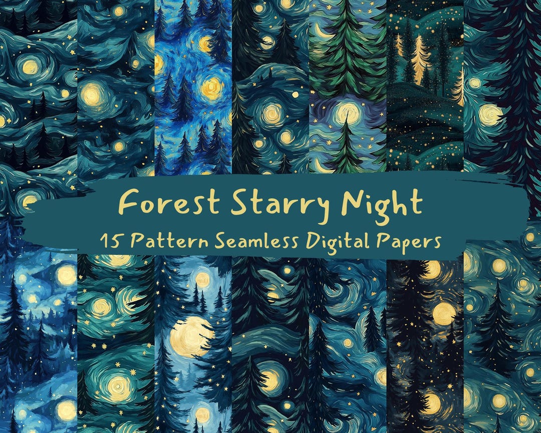 Forest Starry Night Pattern Seamless Digital Papers - Printable ...