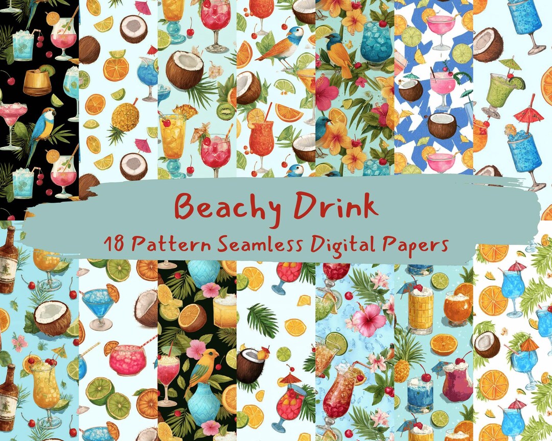 Beachy Drink Pattern Seamless Digital Papers - Printable Scrapbook ...