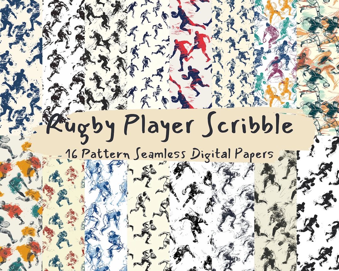 Rugby Player Scribble Pattern Seamless Digital Papers - Printable Scrapbook Paper Instant ...