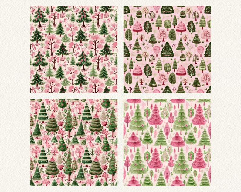 Embroidered Pink and Green Trees Pattern Seamless Digital Papers ...