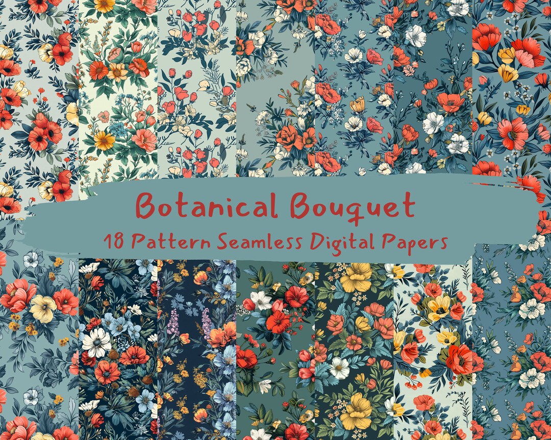 Botanical Bouquet Pattern Seamless Digital Papers - Printable Scrapbook ...