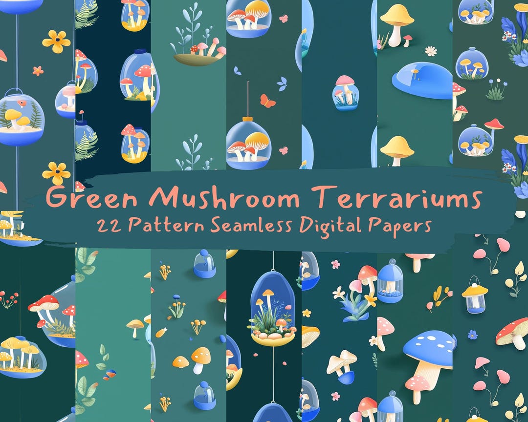 Green Mushroom Terrariums Pattern Seamless Digital Papers - Printable ...