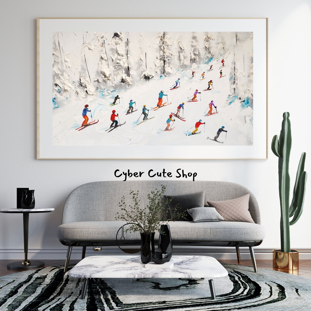 Vibrant Alpine Skiers on Textured Canvas, Winter Sports Scene, Digital ...