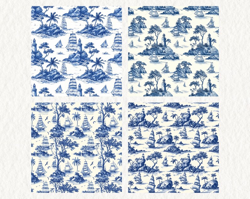 Nautical Toile Pattern Seamless Digital Papers - Printable Scrapbook ...