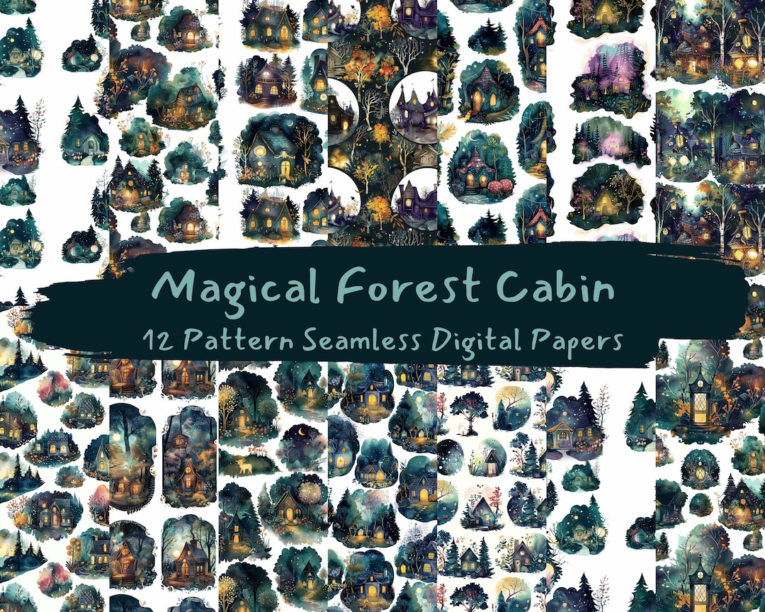 Magical Forest Cabin Pattern Seamless Digital Papers - Printable ...