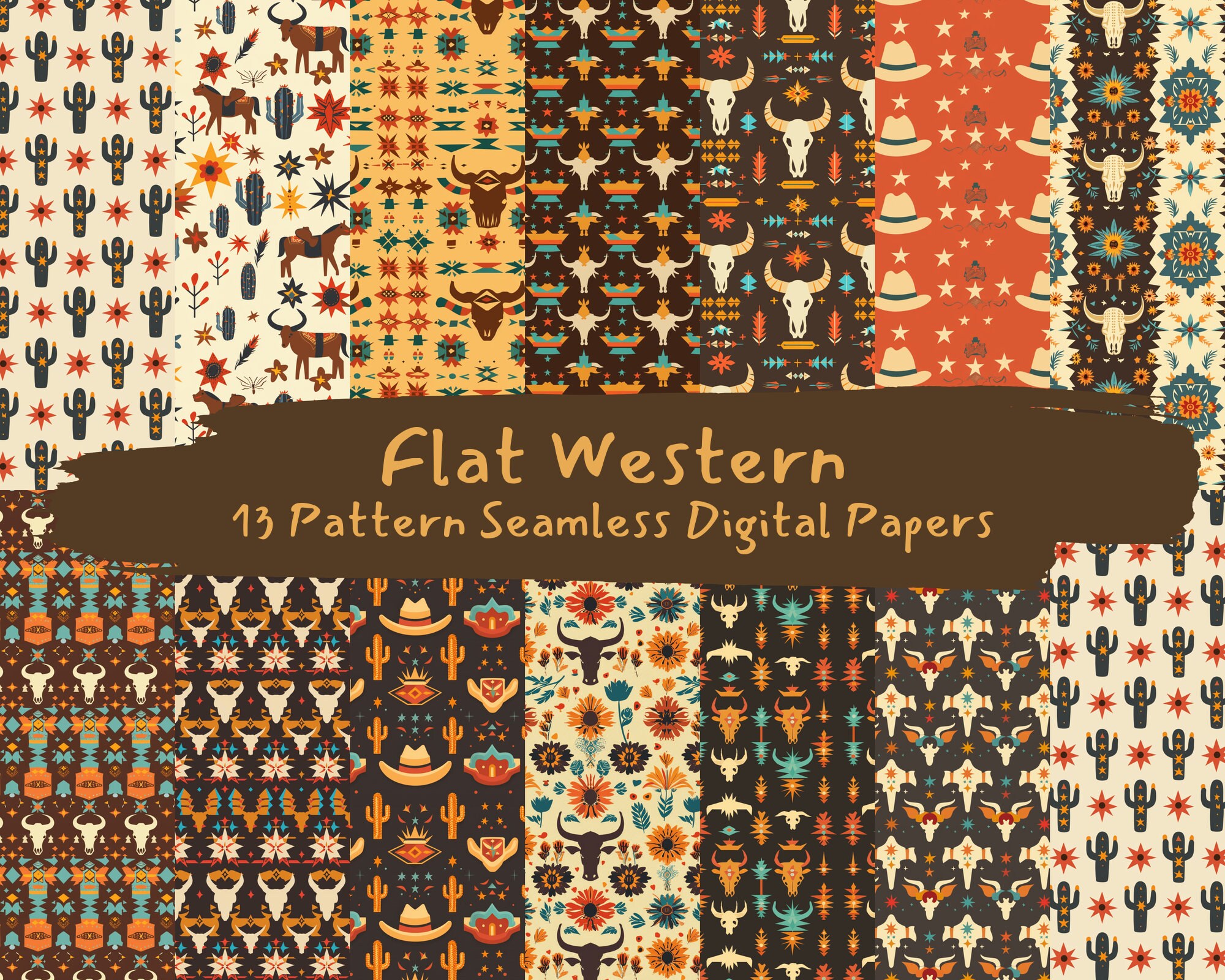 Flat Western Pattern Seamless Digital Papers Printable Scrapbook Paper ...