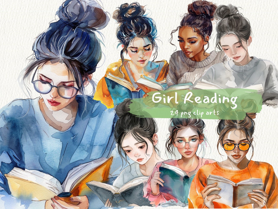 Girl Reading Digital Printable Clipart Bundle in PNG Format Transparent ...