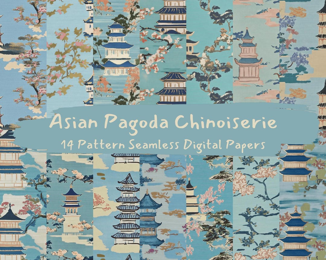 Asian Pagoda Chinoiserie Pattern Seamless Digital Papers - Printable ...