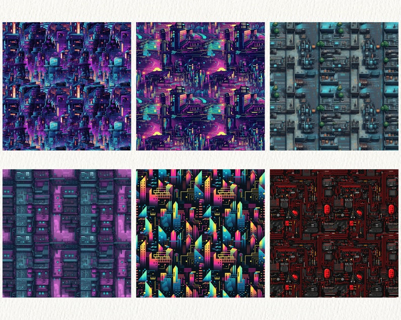 Cyberpunk City Pattern Seamless Digital Papers Tile Patterns Printable ...