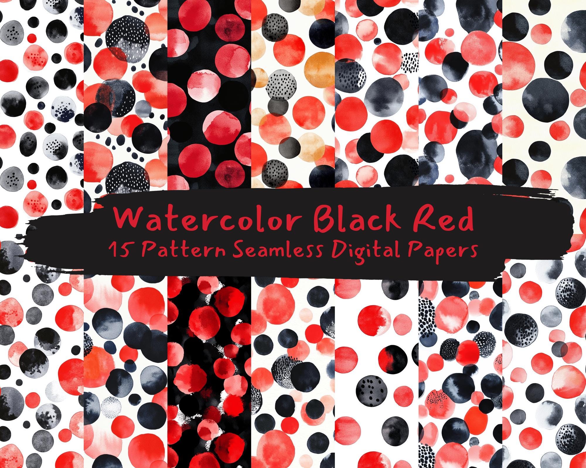 Watercolor Black Red Pattern Seamless Digital Papers - Printable ...
