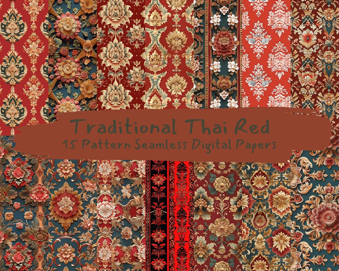 Traditional Thai Red Pattern Seamless Digital Papers - Printable ...
