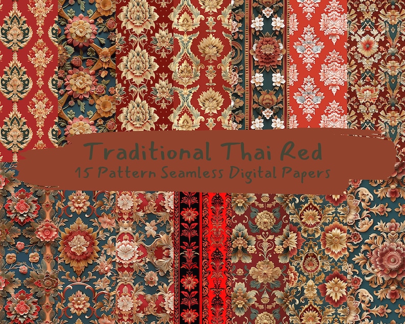 Traditional Thai Red Pattern Seamless Digital Papers - Printable ...