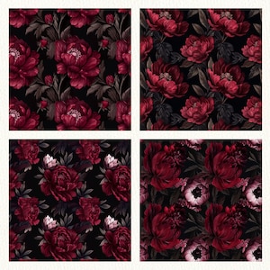Dark Moody Burgundy Floral Pattern Seamless Digital Papers - Printable ...