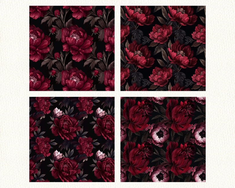 Dark Moody Burgundy Floral Pattern Seamless Digital Papers - Printable ...