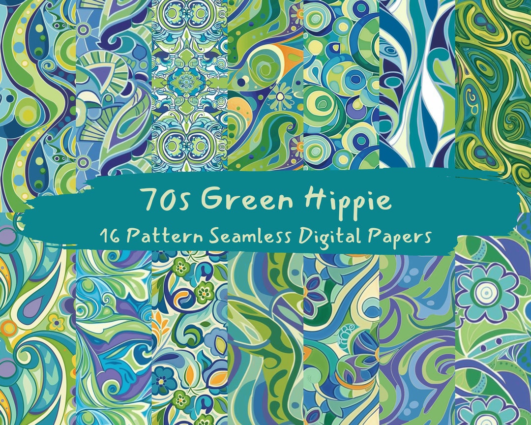 70s Green Hippie Pattern Seamless Digital Papers - Printable Scrapbook ...