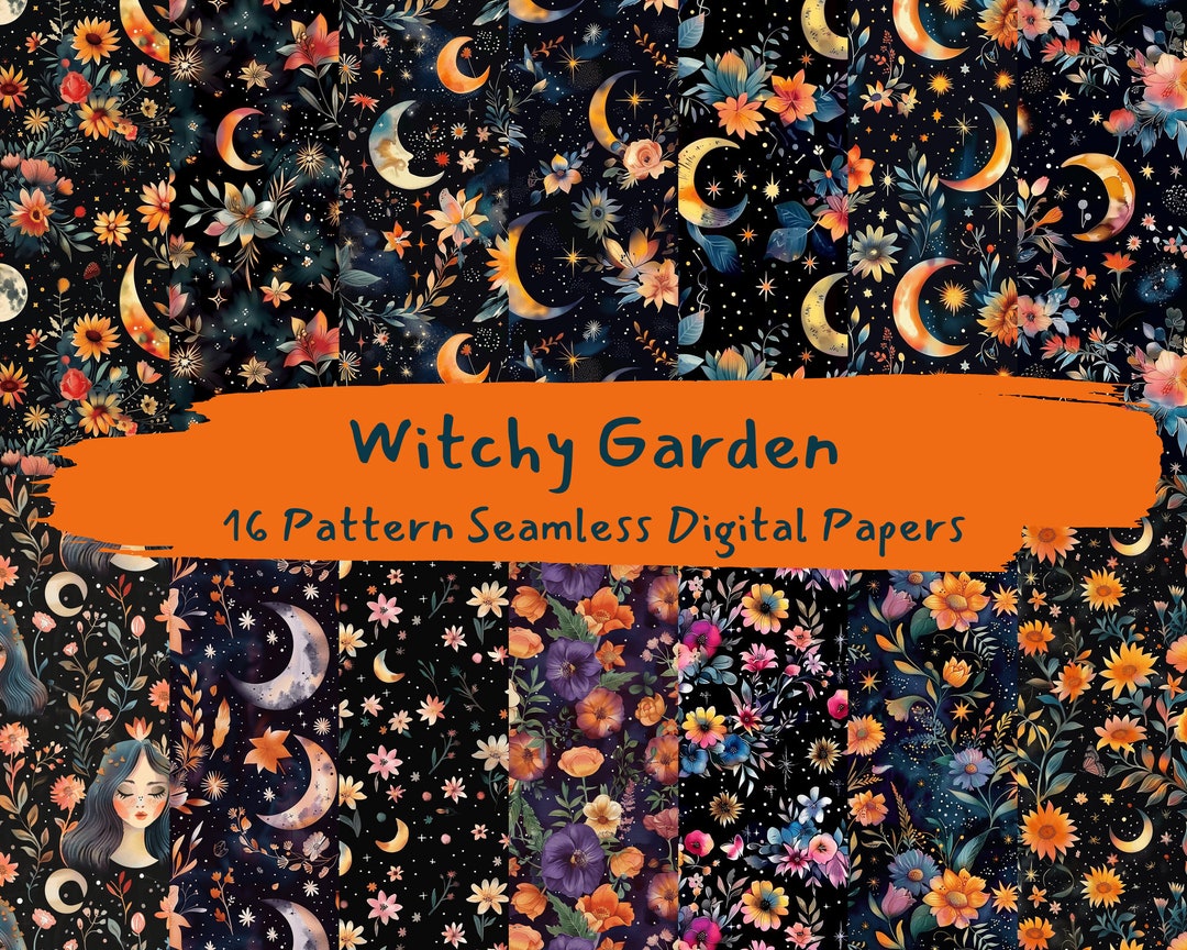 Witchy Garden Pattern Seamless Digital Papers - Printable Scrapbook ...