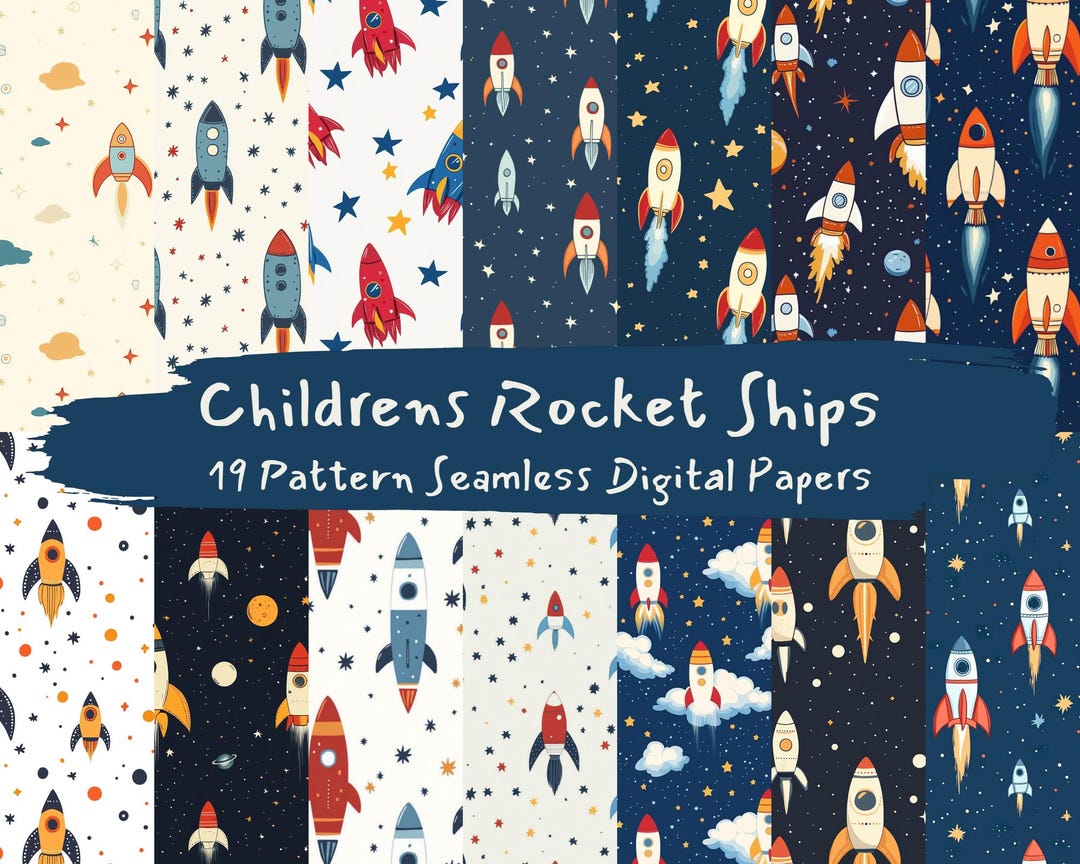 Childrens Rocket Ships Pattern Seamless Digital Papers - Printable ...