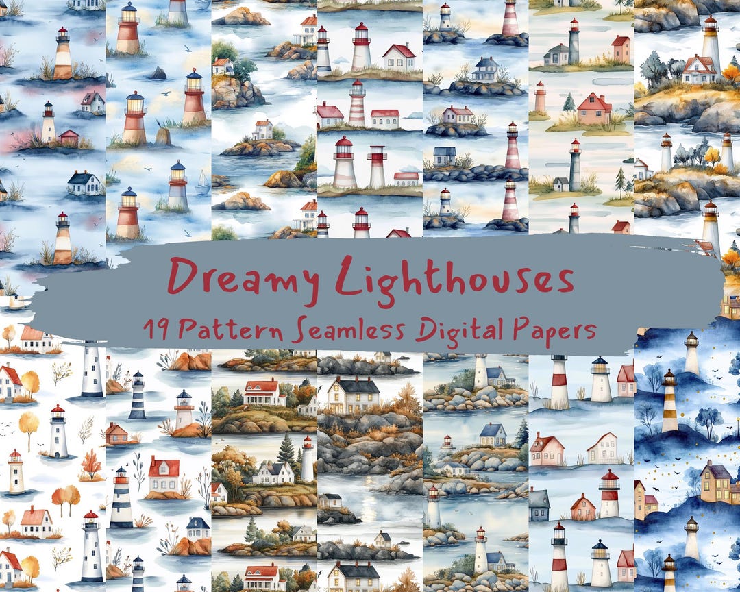 Dreamy Lighthouses Pattern Seamless Digital Papers - Printable ...