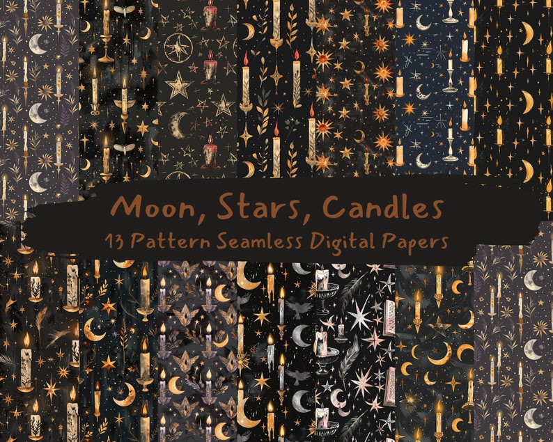 Moon, Stars, Candles Pattern Seamless Digital Papers - Printable ...