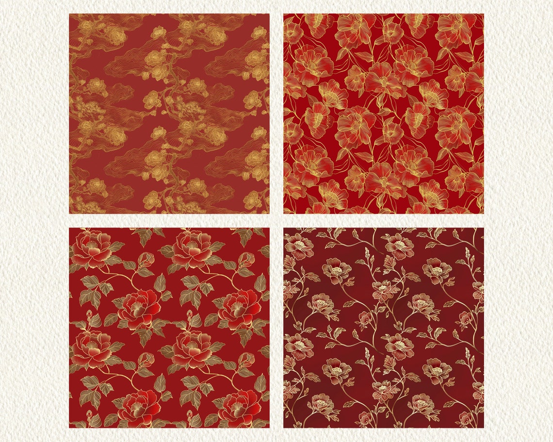 Chinese Line Flower Pattern Seamless Digital Papers - Printable ...