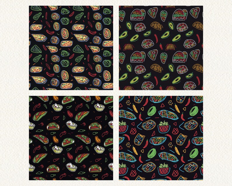 Mexican Taco Neon Food Pattern Seamless Digital Papers - Printable ...