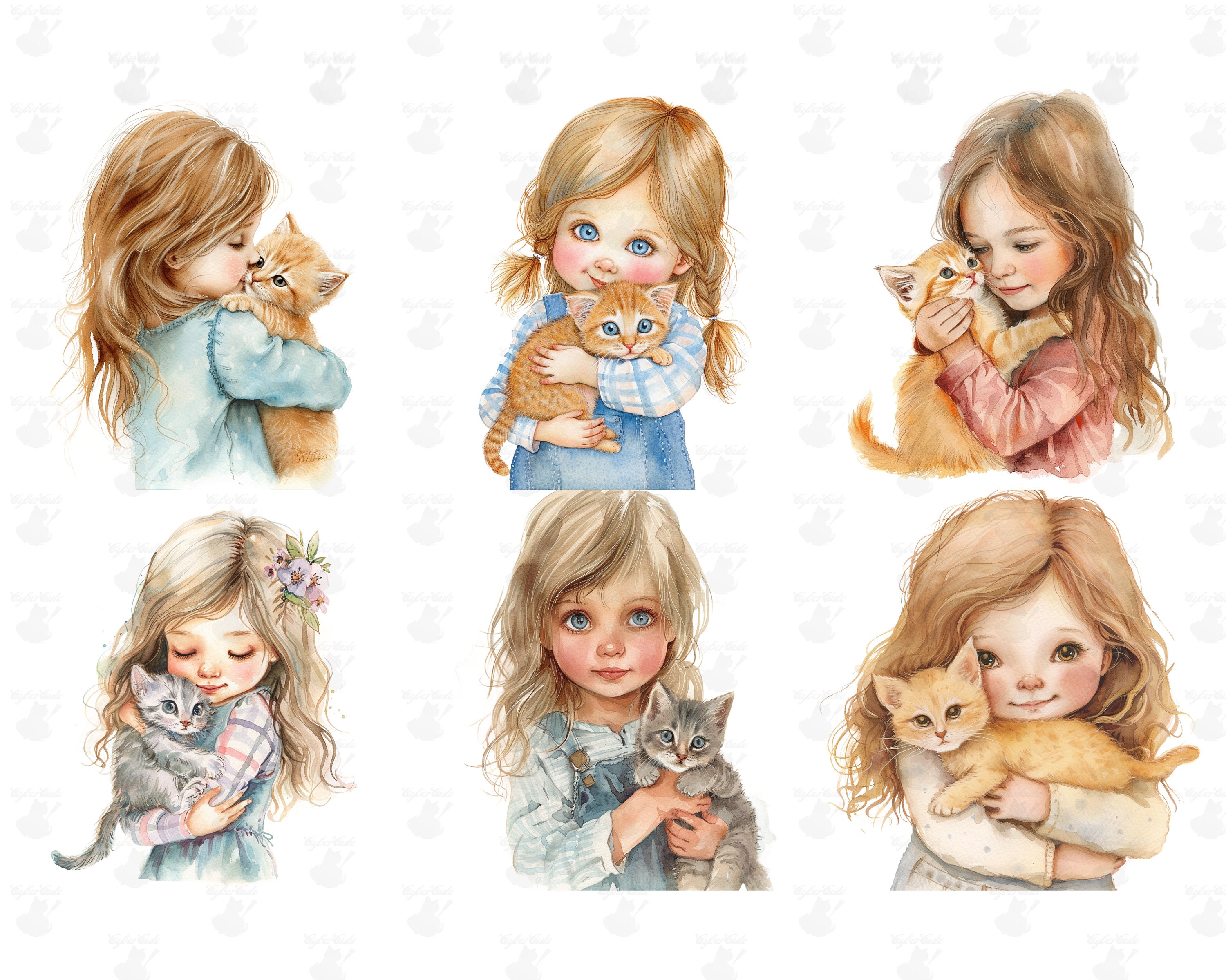 Girl and Kitten Digital Printable Clipart Bundle in PNG Format ...