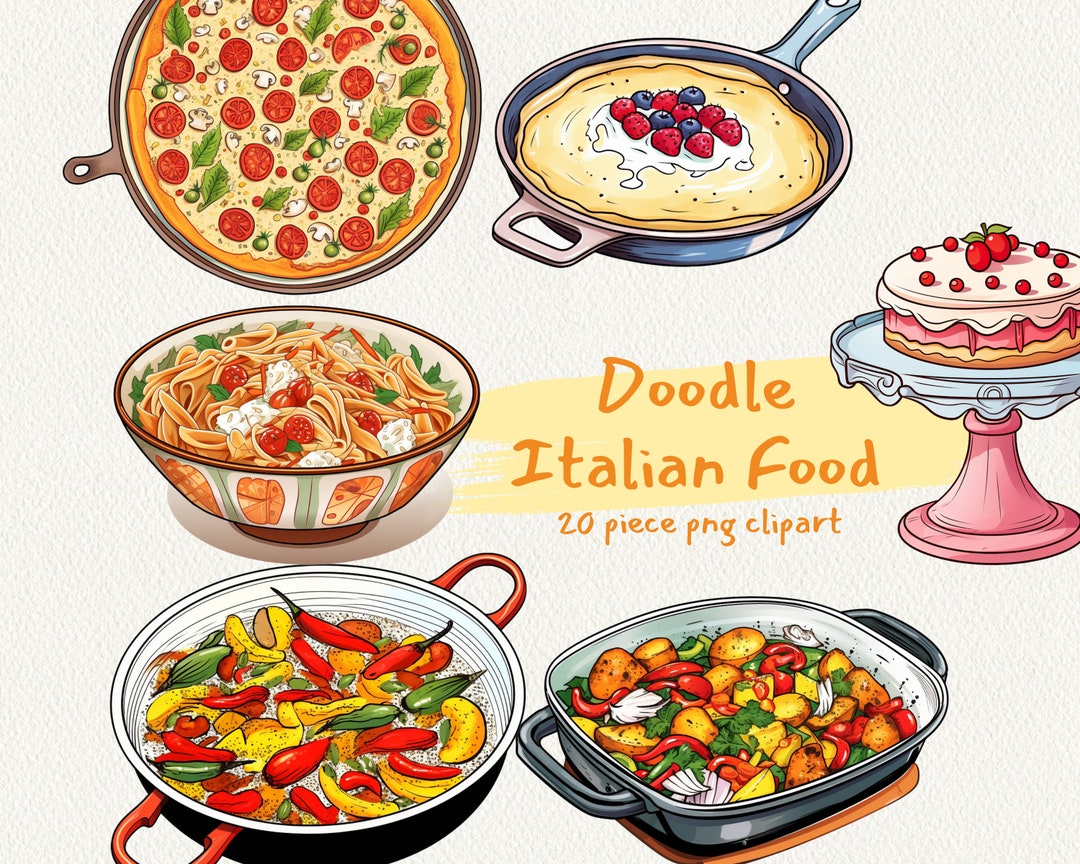 Doodle Italian Food, Digital Printable Clip Art Graphics in PNG Format ...