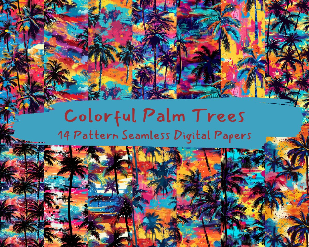 Colorful Palm Trees Pattern Seamless Digital Papers - Printable ...