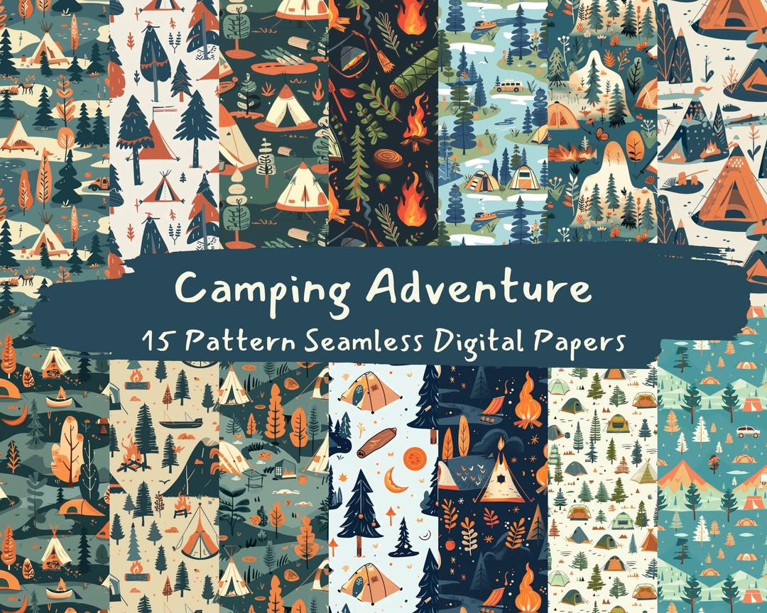 Camping Adventure Pattern Seamless Digital Papers - Printable Scrapbook ...