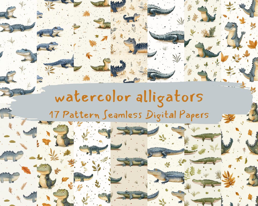 Watercolor Alligators Pattern Seamless Digital Papers - Printable Scrapbook Paper Png Instant ...