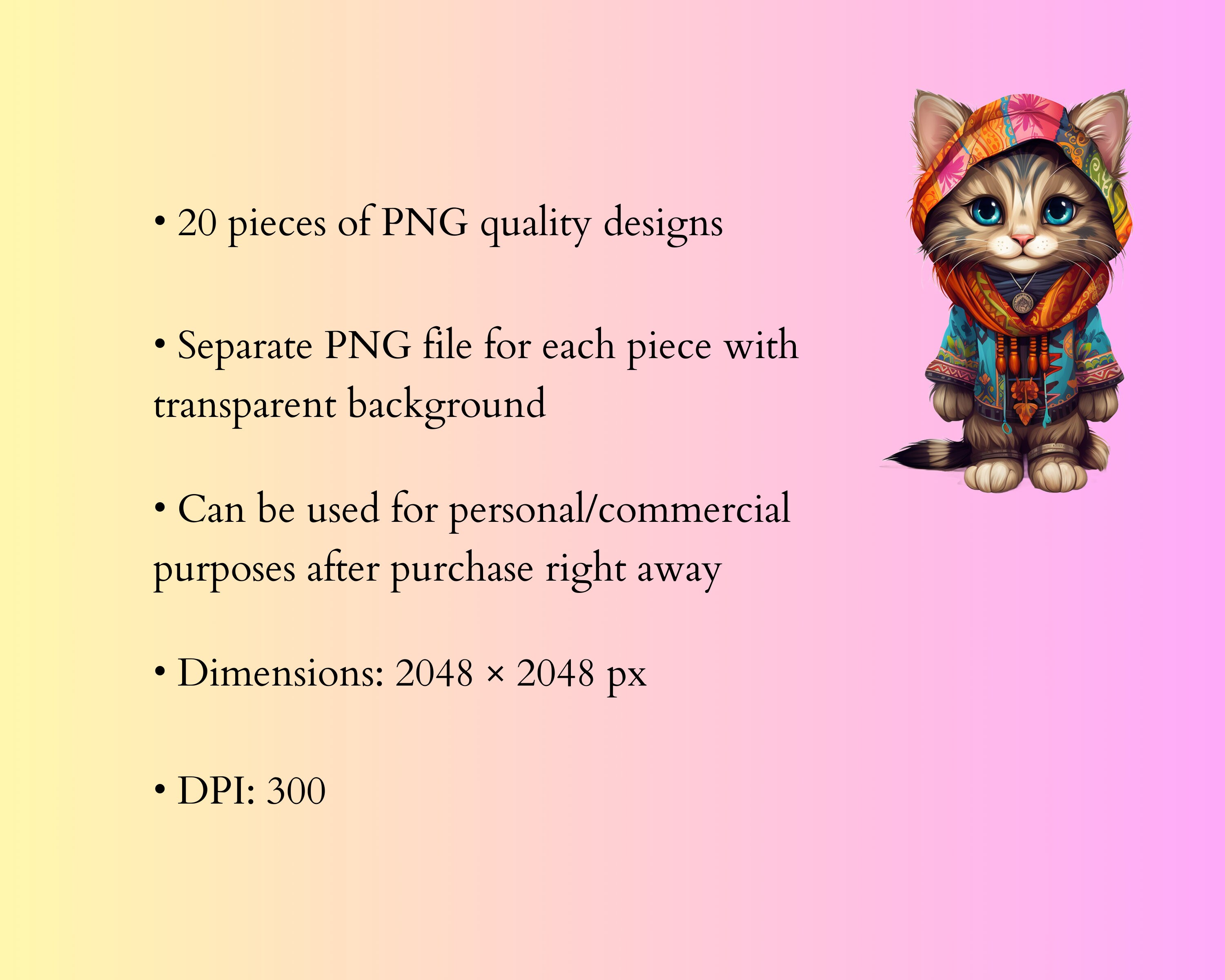 Bohemian Cat, Digital Printable Clip Art Graphics in PNG Format ...