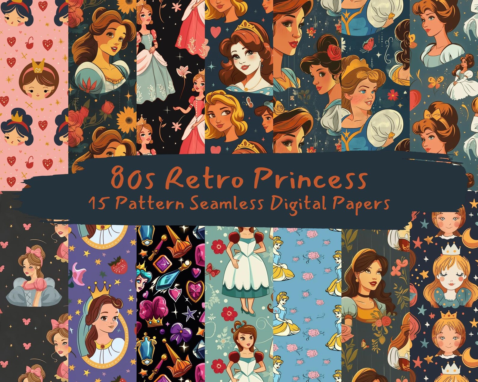 80s Retro Princess Pattern Seamless Digital Papers - Printable ...