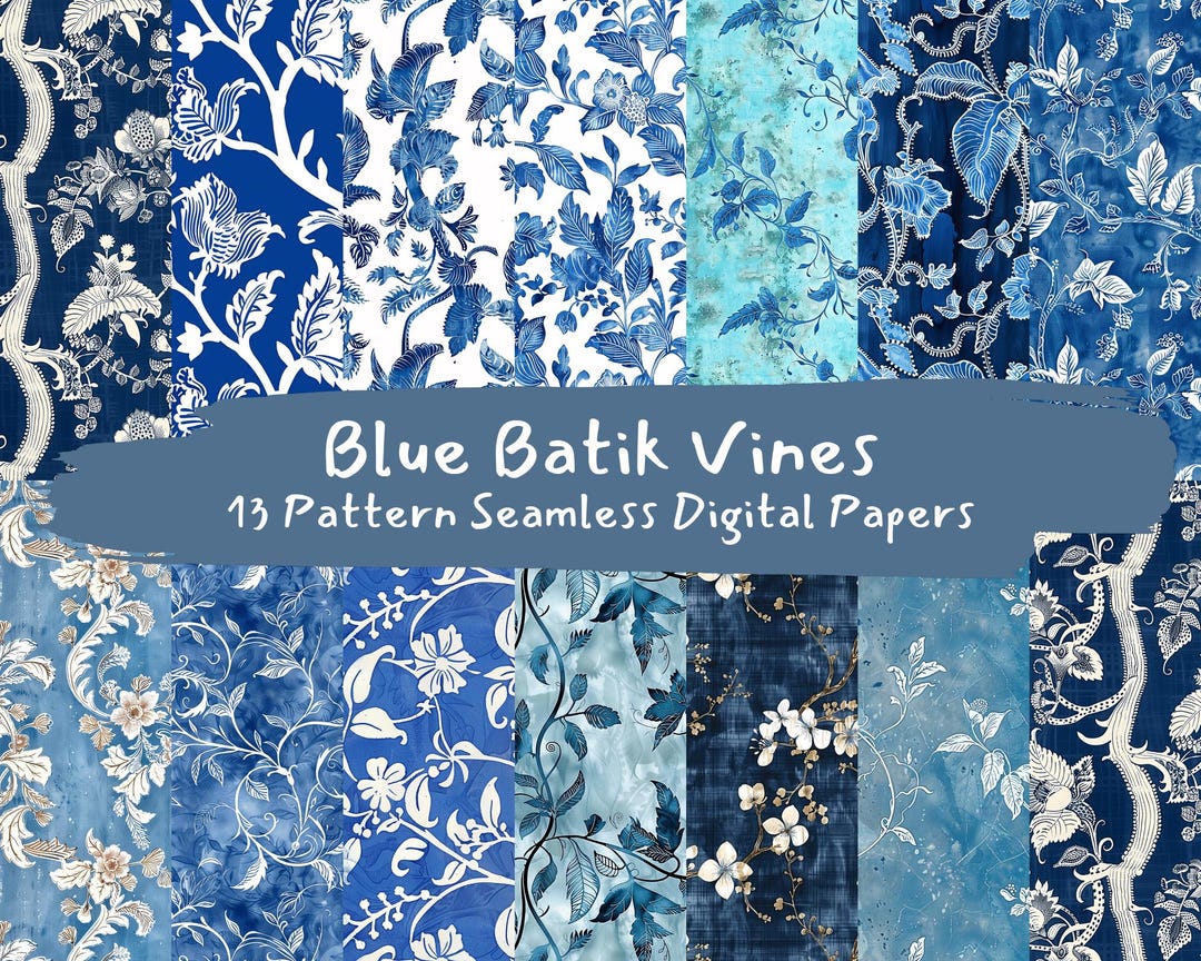 Blue Batik Vines Pattern Seamless Digital Papers - Printable Scrapbook ...