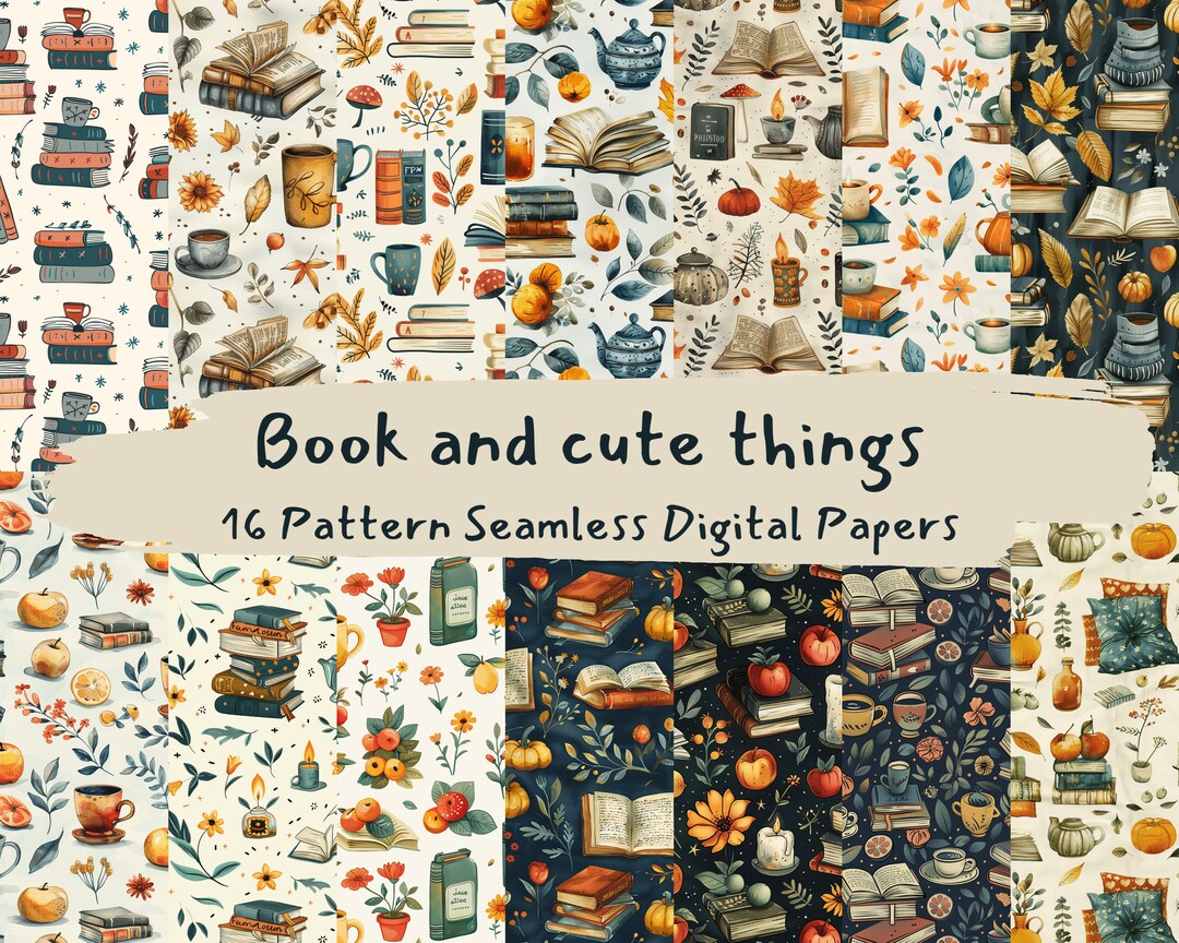 Book and Cute Things Pattern Seamless Digital Papers - Printable ...