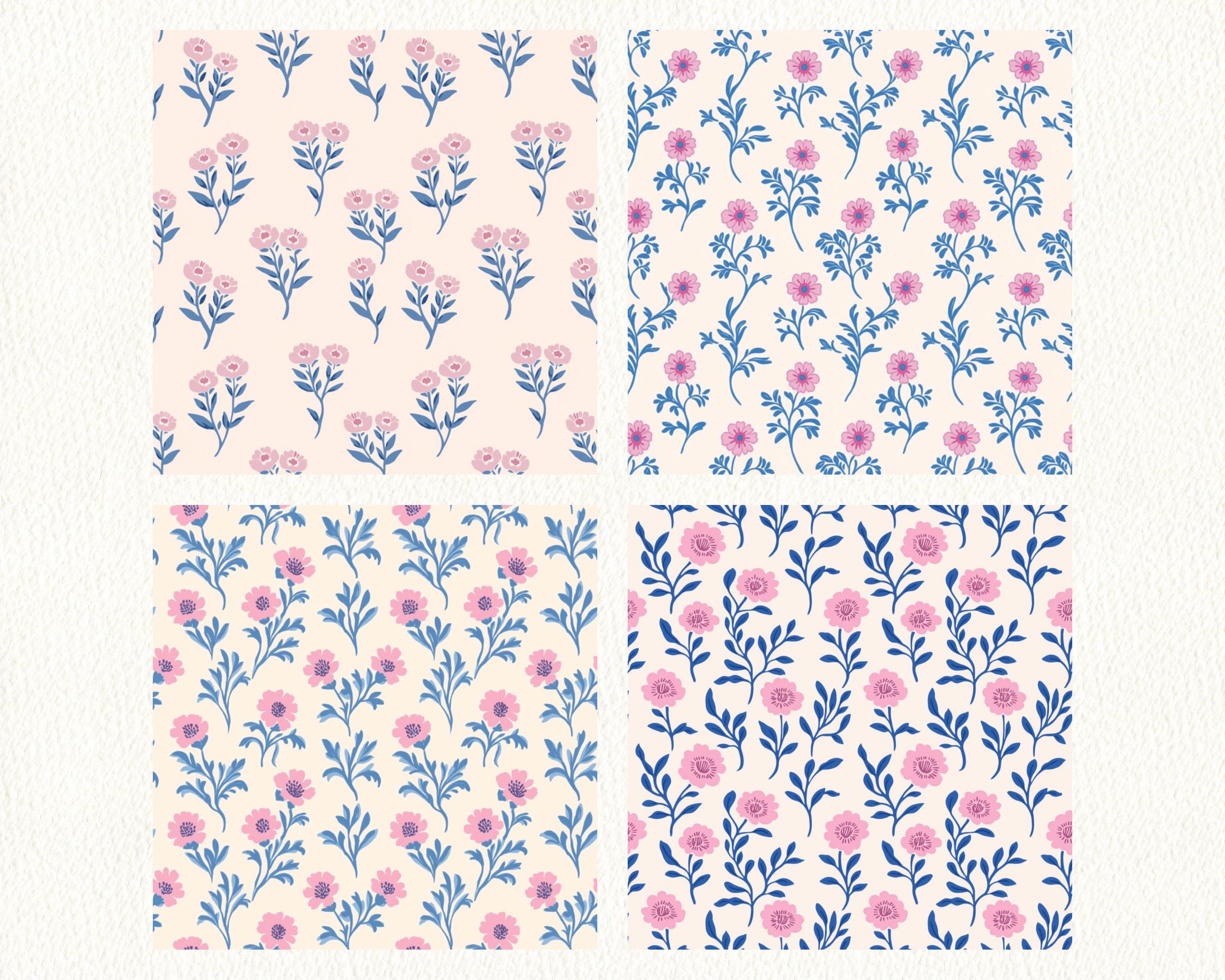 Pink Blue Floral Pattern Seamless Digital Papers - Printable Scrapbook ...