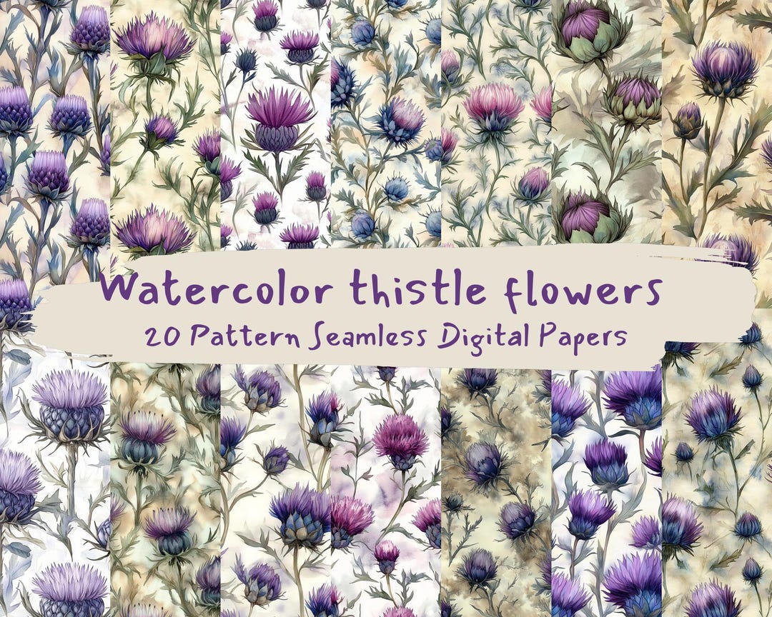 Watercolor Thistle Flowers Pattern Seamless Digital Papers - Printable ...