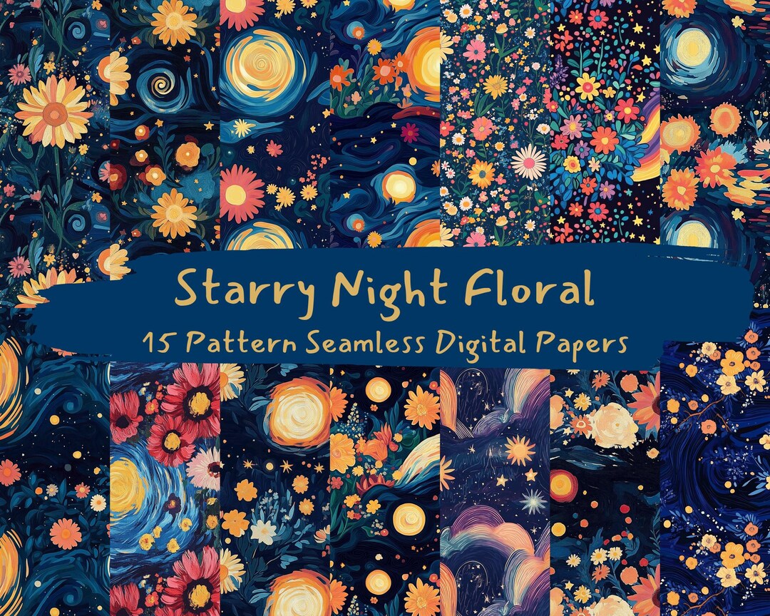 Starry Night Floral Pattern Seamless Digital Papers - Printable ...