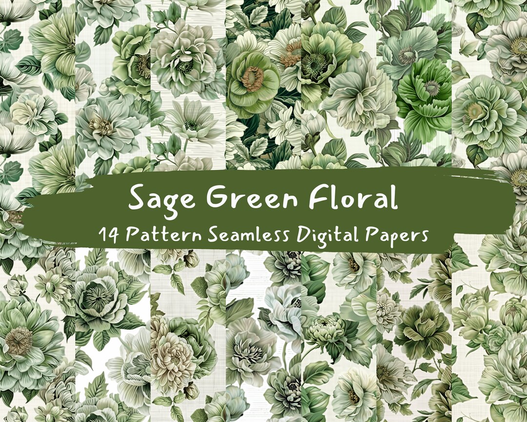 Sage Green Floral Pattern Seamless Digital Papers - Printable Scrapbook ...