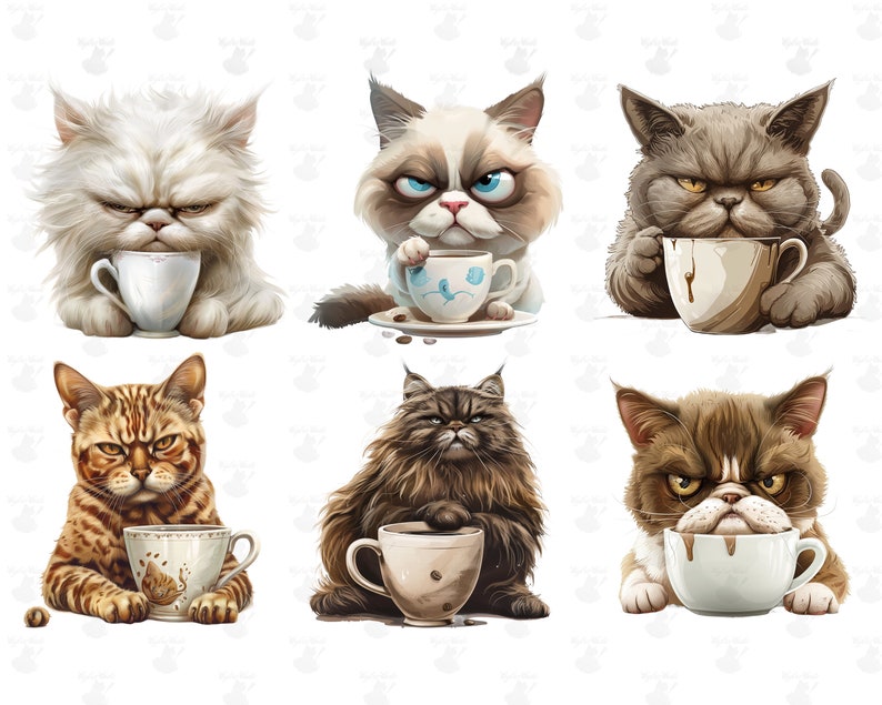 Grumpy Cat Coffee Digital Printable Clipart Bundle in PNG Format ...