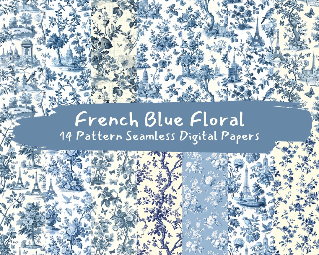 French Blue Floral Pattern Seamless Digital Papers - Printable ...